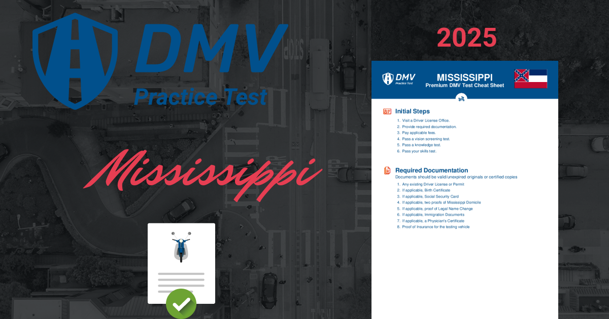 2025 Mississippi DMV Motorcycle Test Cheat Sheet. 99% pass rate!